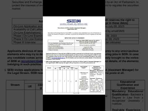 SEBI Grade A Recruitment 2023 Legal Stream AM N?Online Form START 22 JUNE 2023 #sebi #llb #jobs