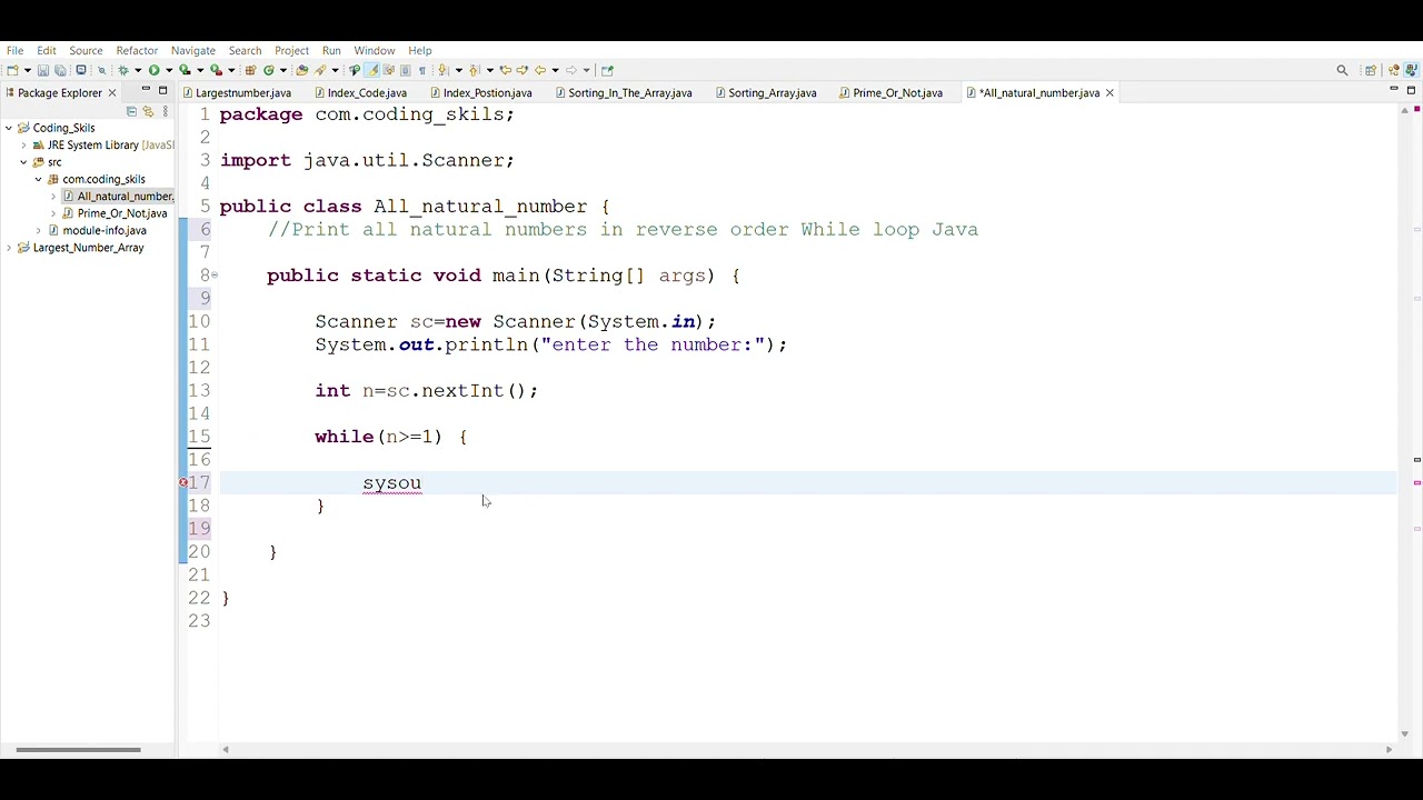 Print all natural numbers in reverse order While loop Java
