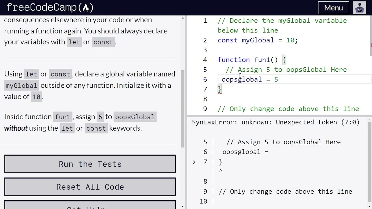 Global scope and functions - freeCodeCamp | Video 52 | Basic JavaScript