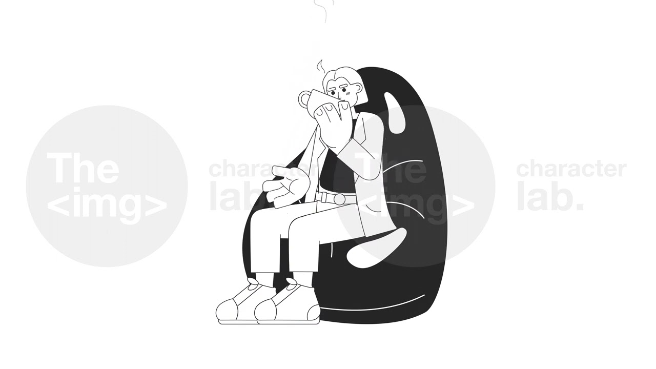 Bean bag woman holding coffee cup bw 2D character animation