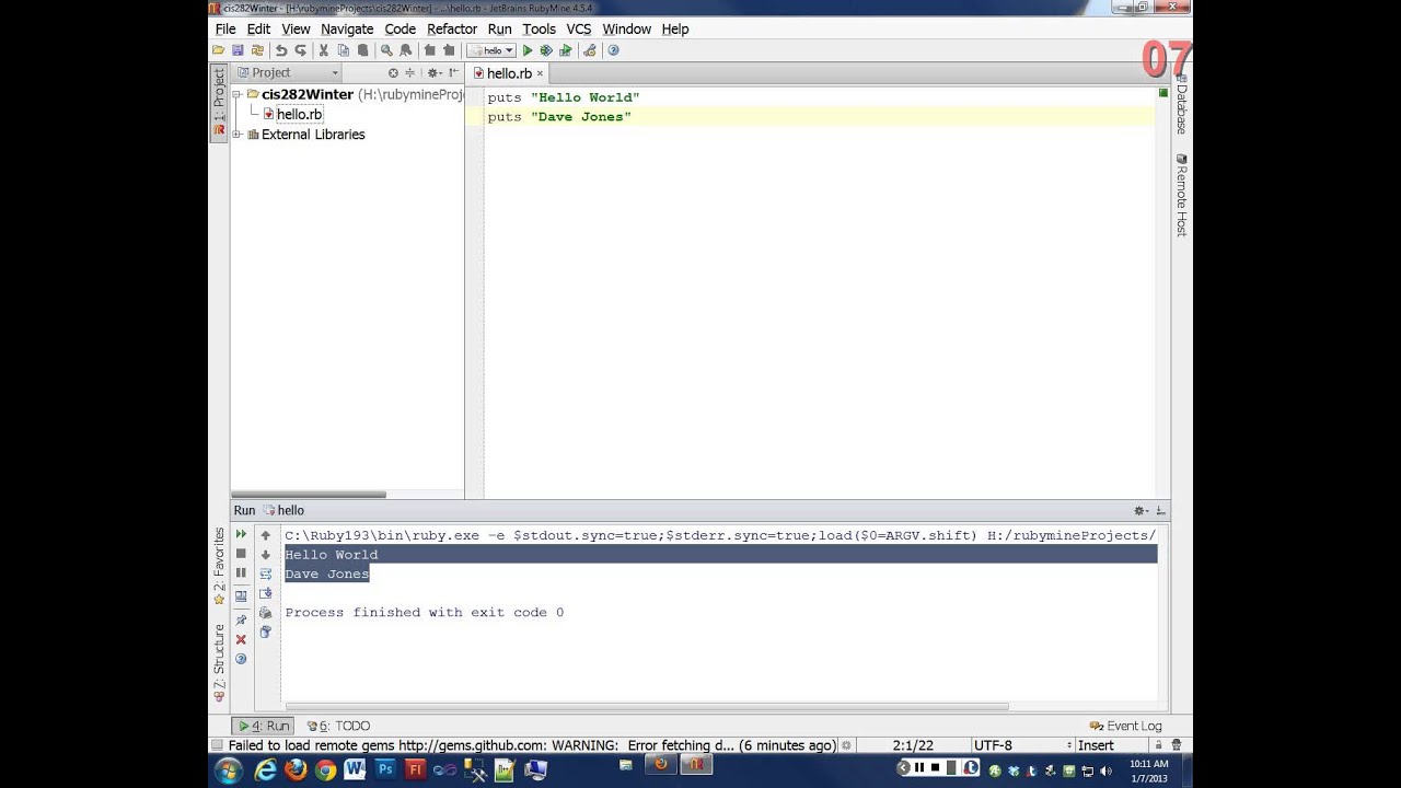 Introduction to Ruby - Day 1 - Rubymine setup - Hello World