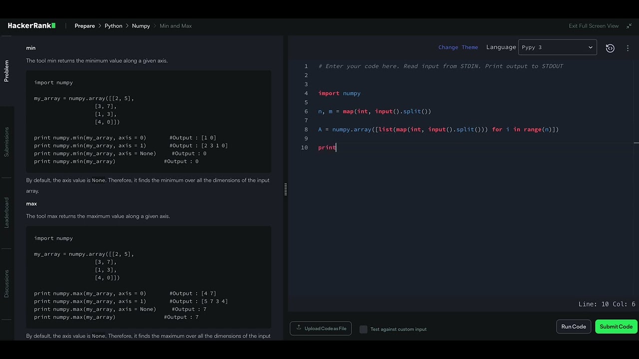 Hackerrank Python Solution  #10 Numpy - Min and Max