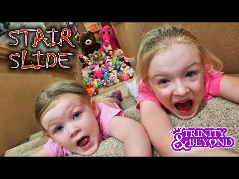 Ultimate Stair Slide Stuffed Animal Scavenger Hunt into HUGE Box Fort!!