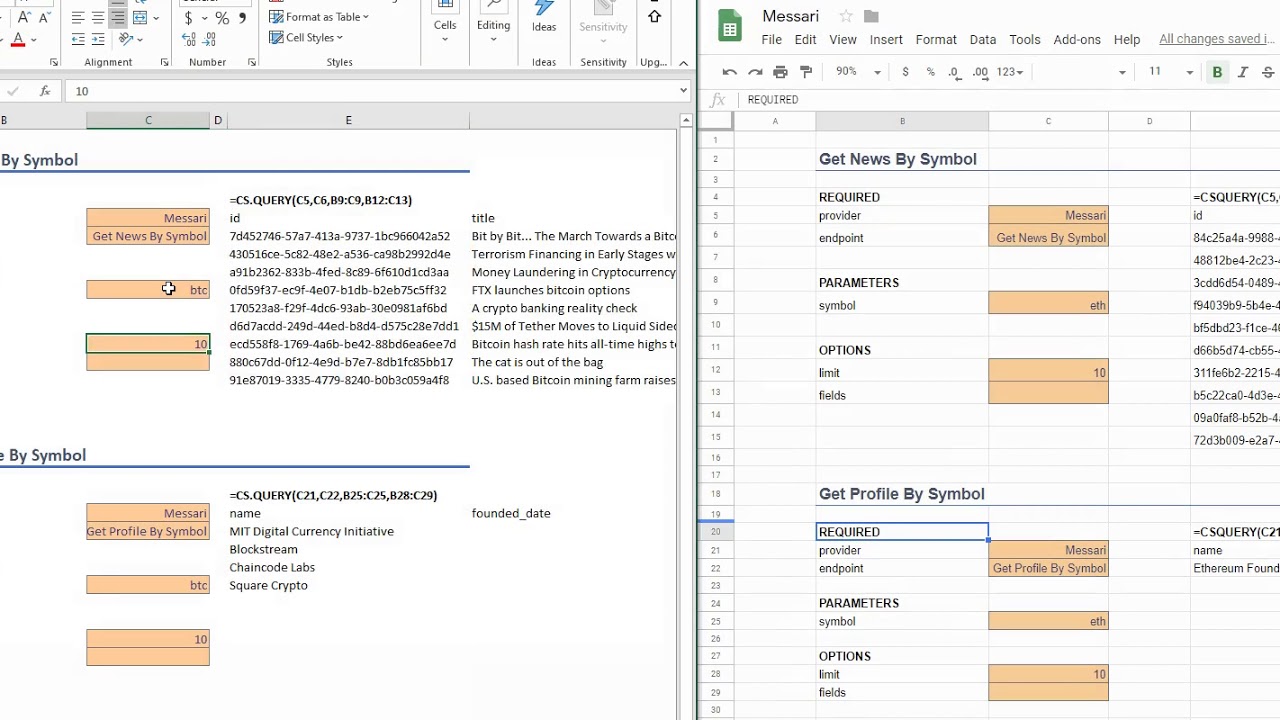 Messari API data in Excel & Googlesheets using Cryptosheets custom functions