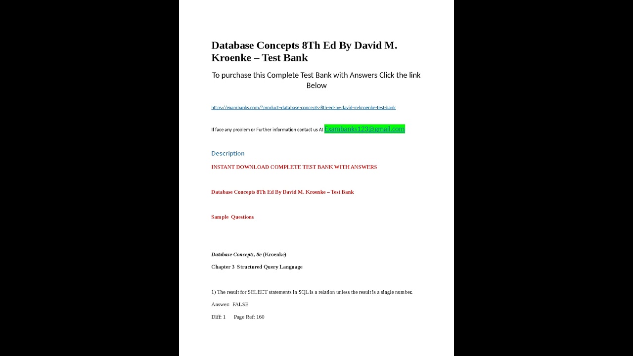 Database Concepts 8Th EDITION By David M. Kroenke – Test Bank