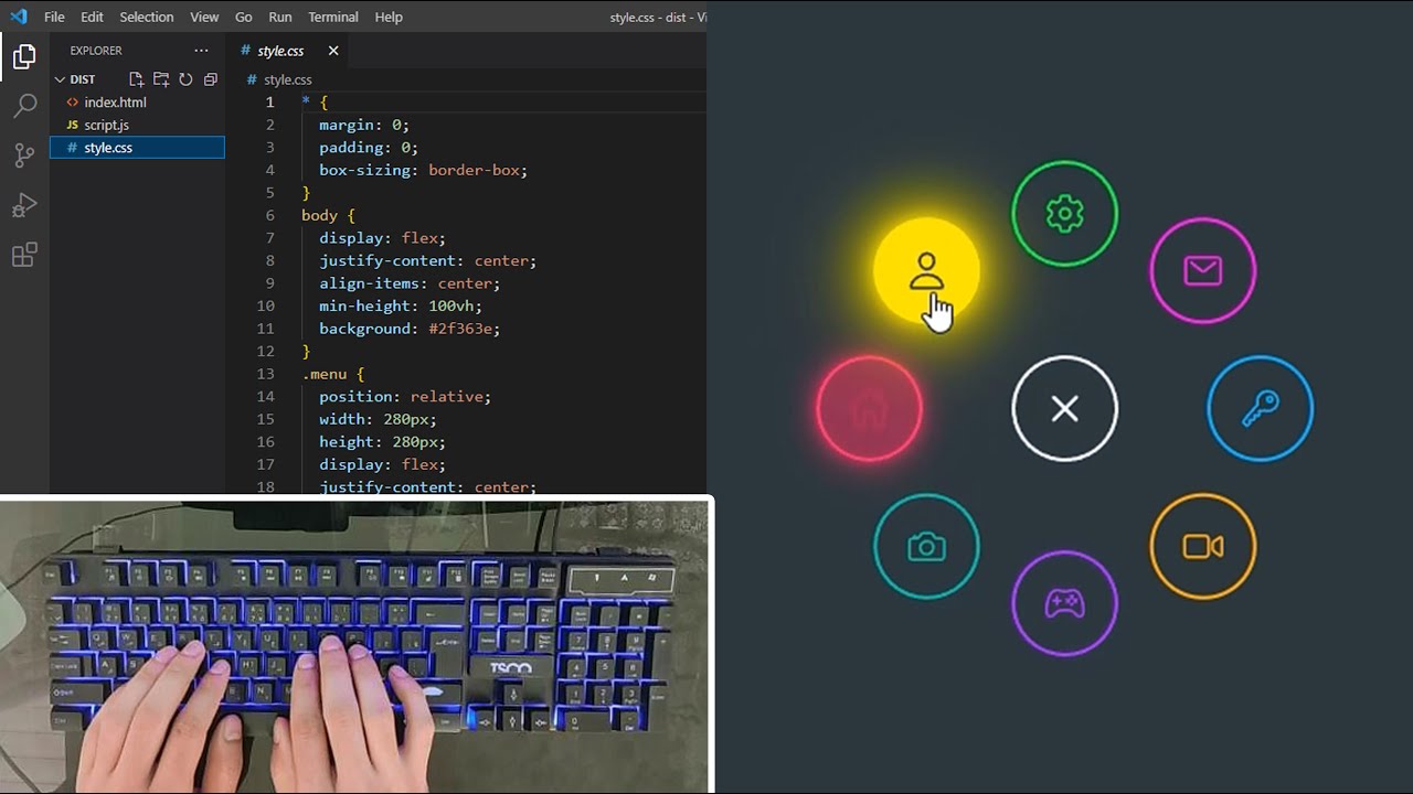 ASMR Programming - Animated Radial Menu using Html CSS Vanilla Javascript - No Talking