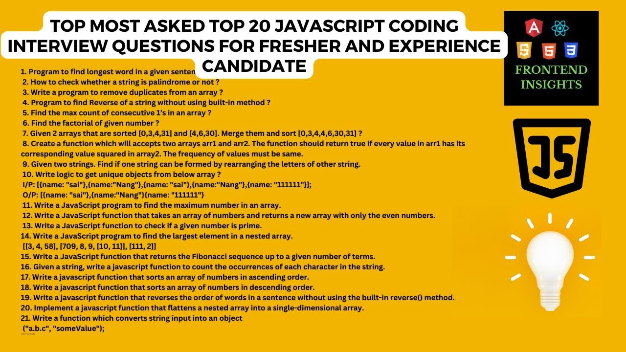 Most asked top 20 javascript coding interview question | Frontend Insights #javascriptinterview
