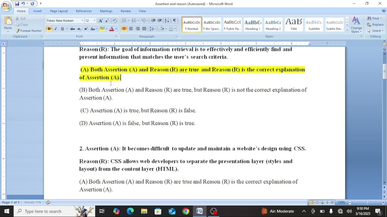 Assertion and reasoning questions of class X computer applications