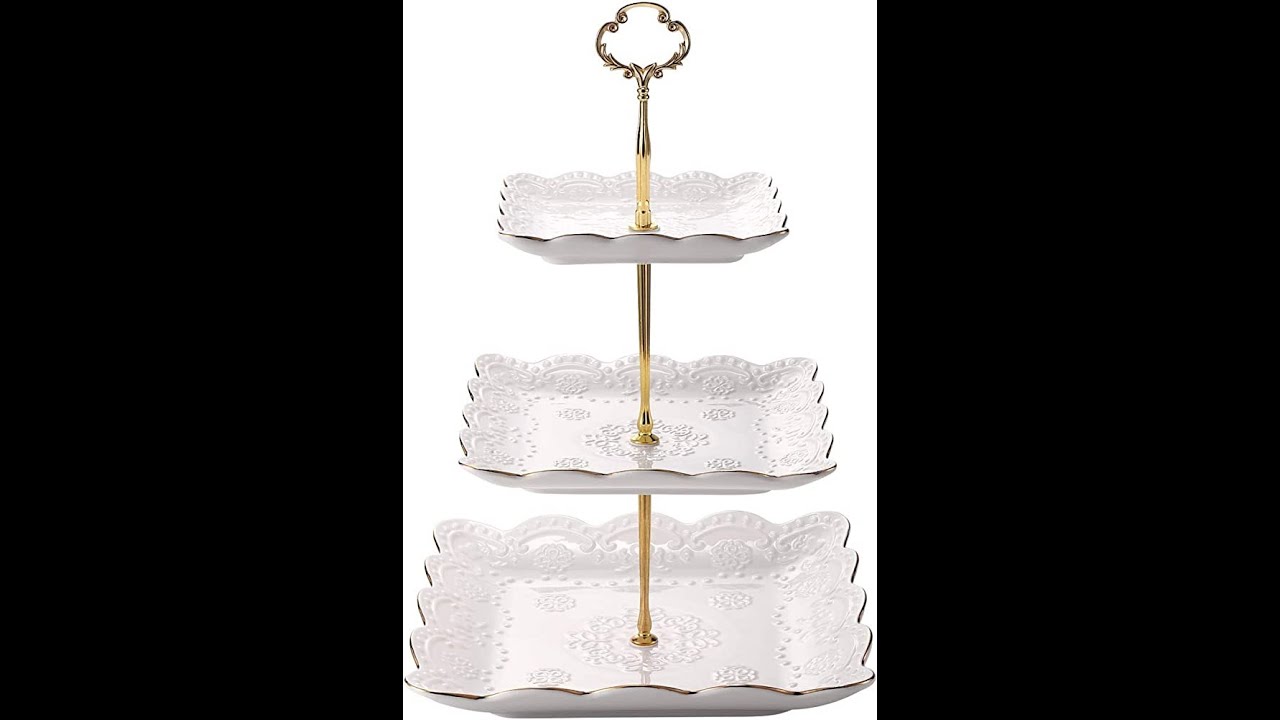 3 Tier Porcelain Cupcake Stand, Tiered Serving Cake Stand, Square White Emboss