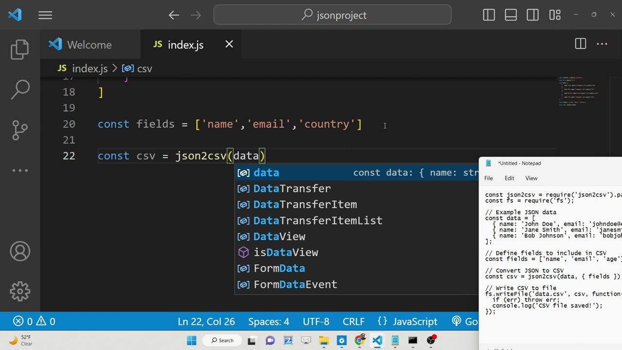 Node.js Project to Convert JSON Objects to CSV File Using json2csv Library in Javascript