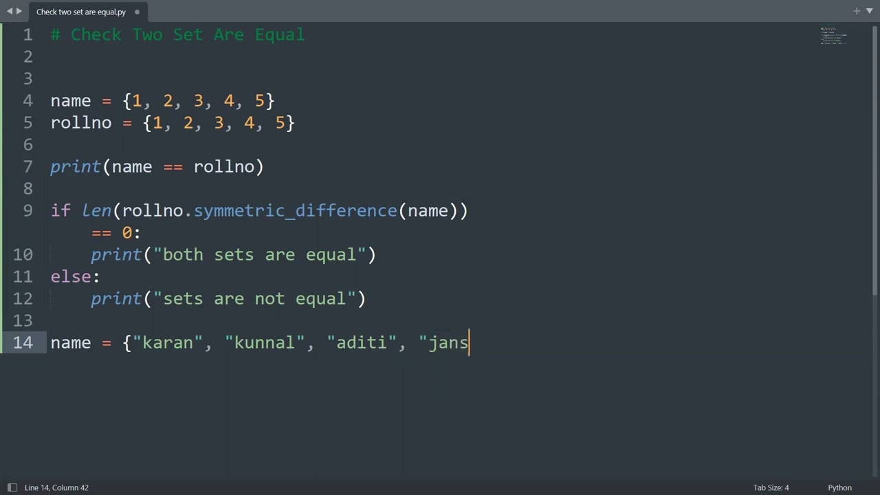 Check two set are equal in Python | Python Examples | Python Coding Tutorial | Python Code Interview