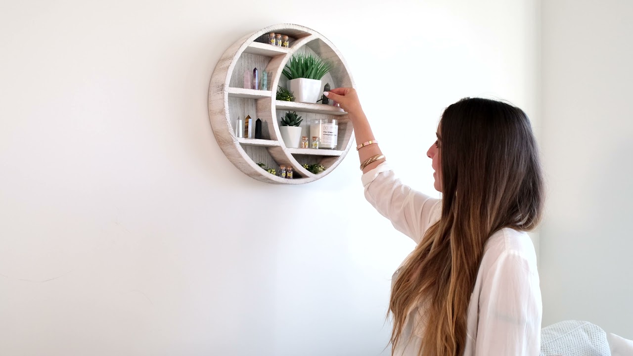 Moon Shelf for Crystals - Boho Crystal Display Shelf - Rustic White Wood Hanging Shelves