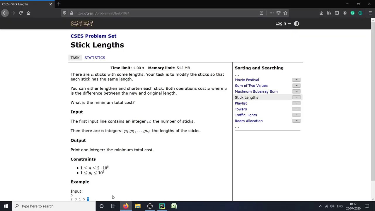 PYTHON Stick Lengths Algorithm - CSES Sorting and Searching #9