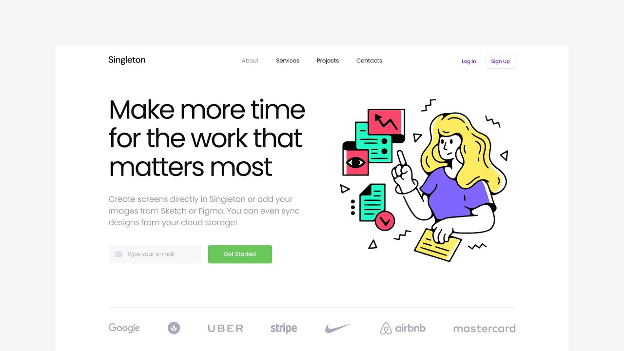 Minimal Landing Page design in Figma + Free Illustration pack