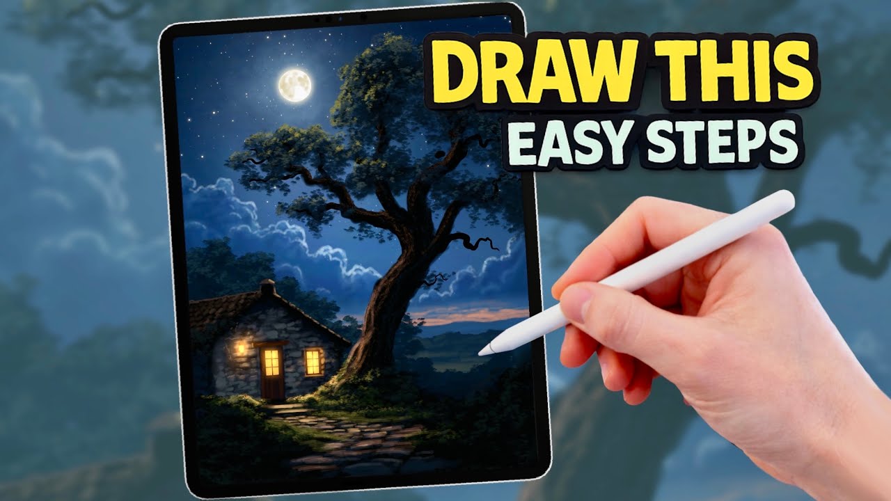 PROCREATE Moonlight Cottage landscape Drawing Tutorial in EASY STEPS
