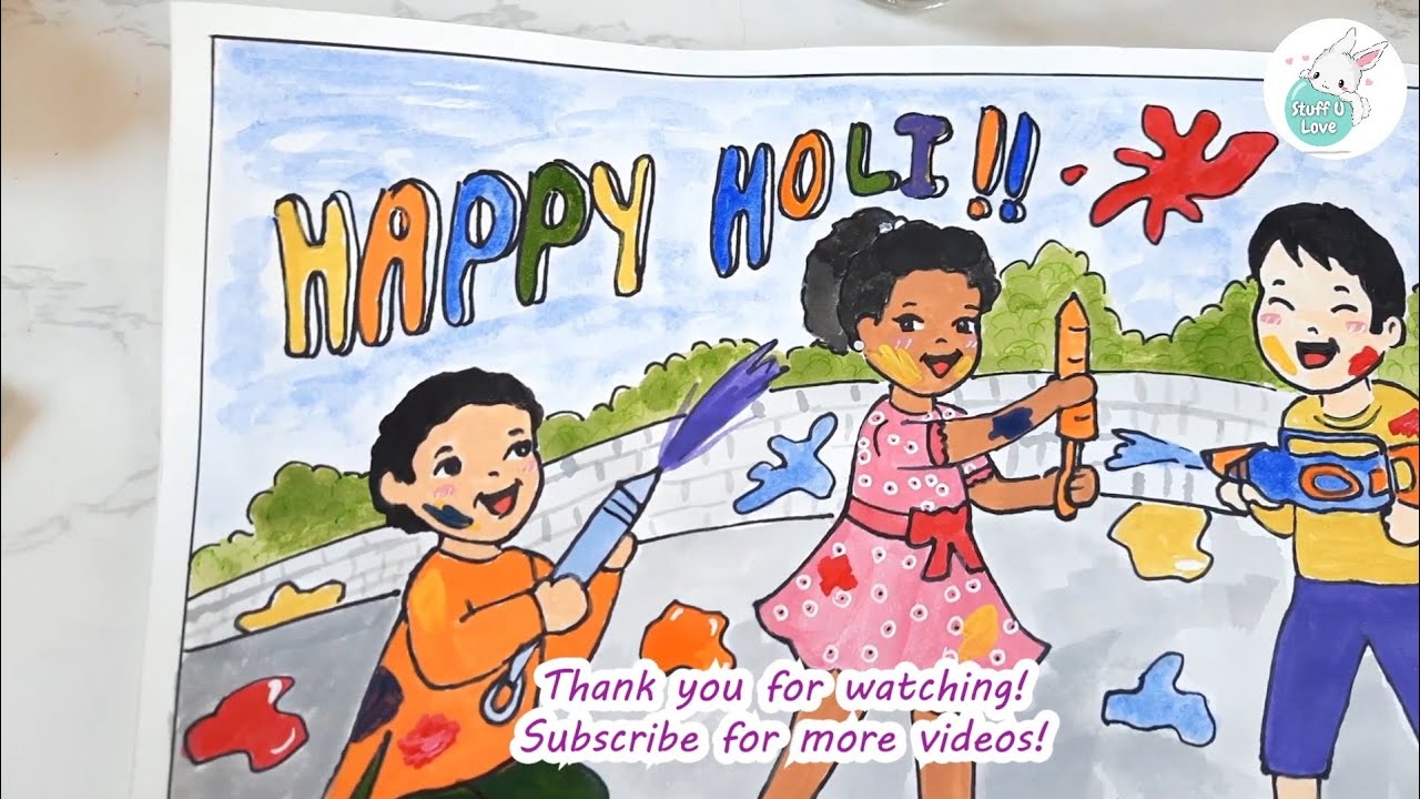 Easy Holi Festival Drawing | Holi Memory Drawing Step by Step Simple Colorful Drawing for Beginners