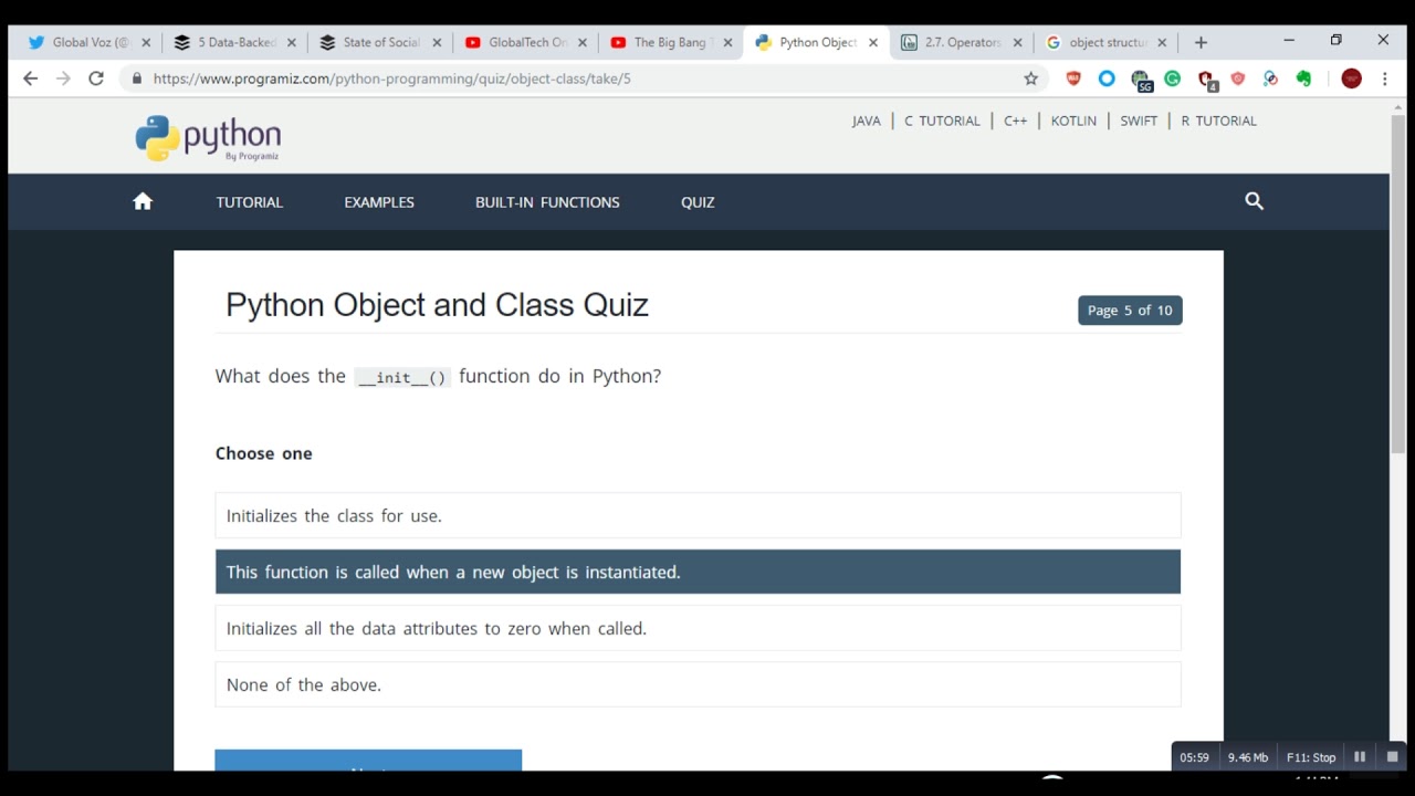 Practice Python Quiz:  Class & Object
