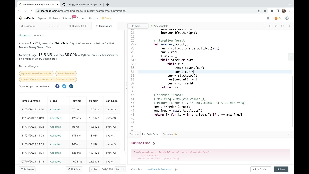 leetcode 501. Find Mode in Binary Search Tree - two methods with use of traversal and generator fn