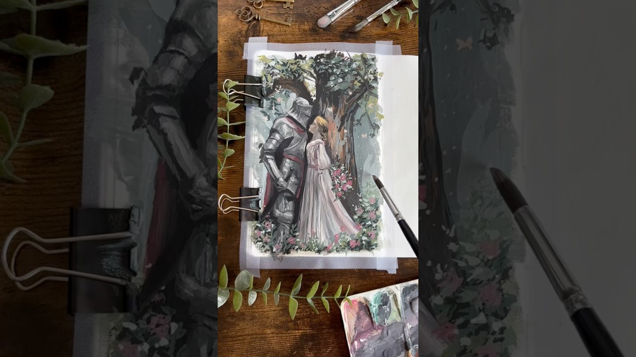 🌿🪾🕯️🗝️🗡️👸🏼✨ #gouache #painting  #knight #princess #art #artjournal