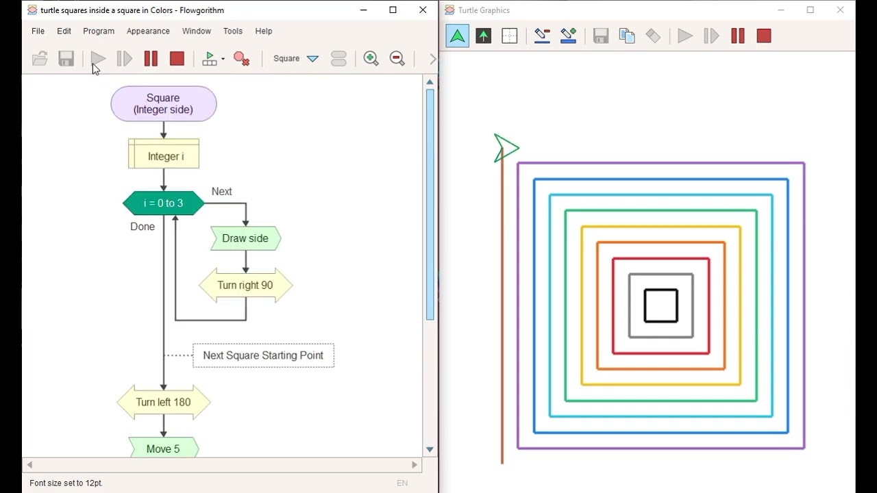 Flowgorithm |  Turtle Graphics | Enclosed Squares |Easy coding