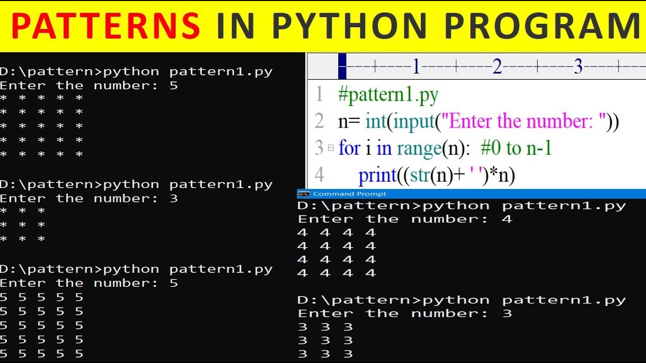 Printing stars, numbers in square pattern in python | Python Pattern Programs | Part-1