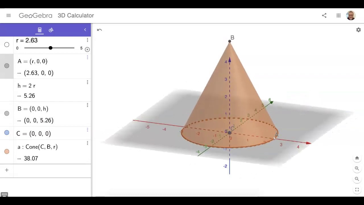 Build a CONE (H = 2R) in GeoGebra 3D: Method 1 (POINT plotting with CONE tool)
