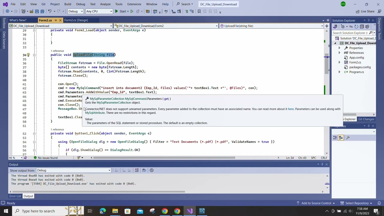 PDF File Upload and Download in C# Windows Form using MySQL workbench