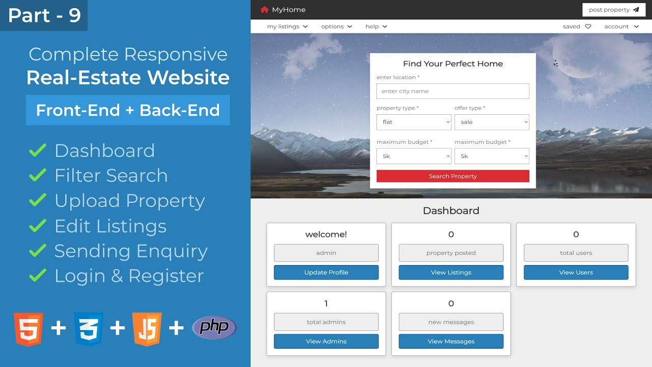 Complete Responsive Real-Estate Website Design Using HTML/CSS/JS/PHP PDO - Listing, Account, Message