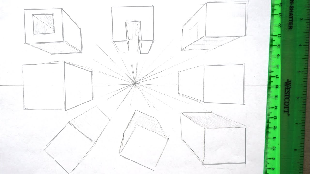 1 Point Perspective - How to draw square blocks
