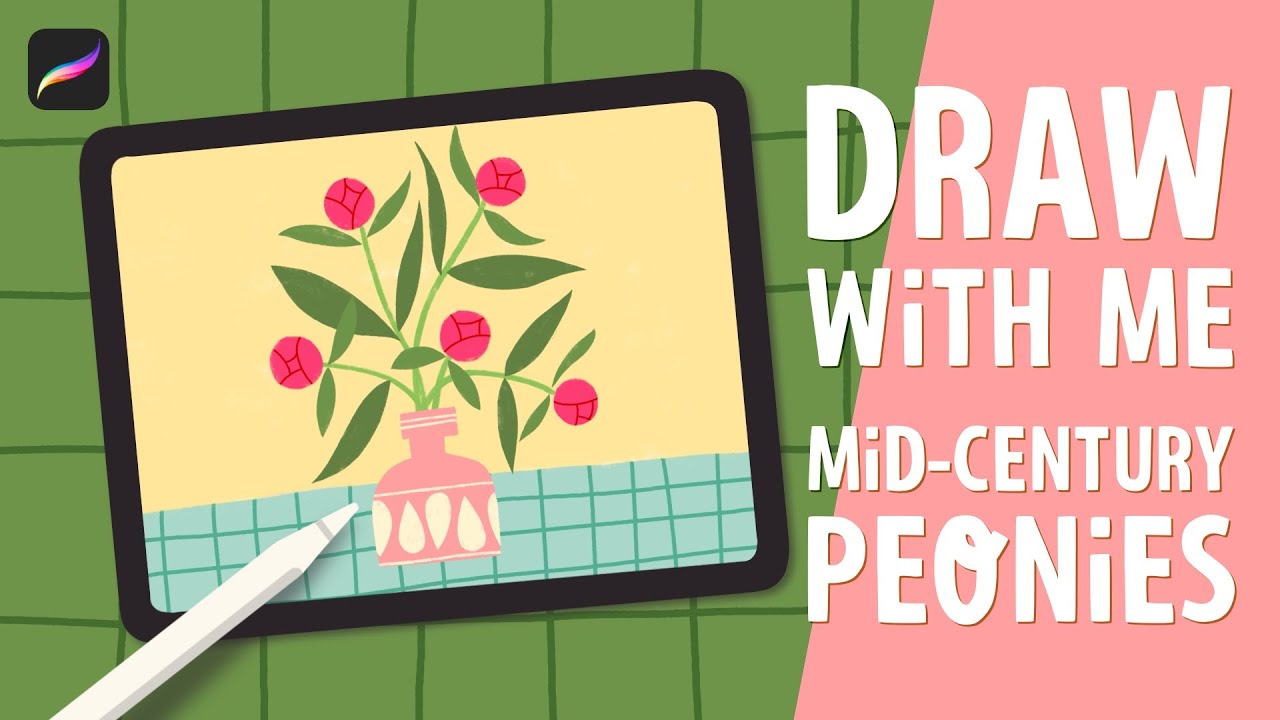 #draw With Me in #procreate | Mid-Century Peonies - FREE BRUSHES ‼️- Fully narrated #tutorial