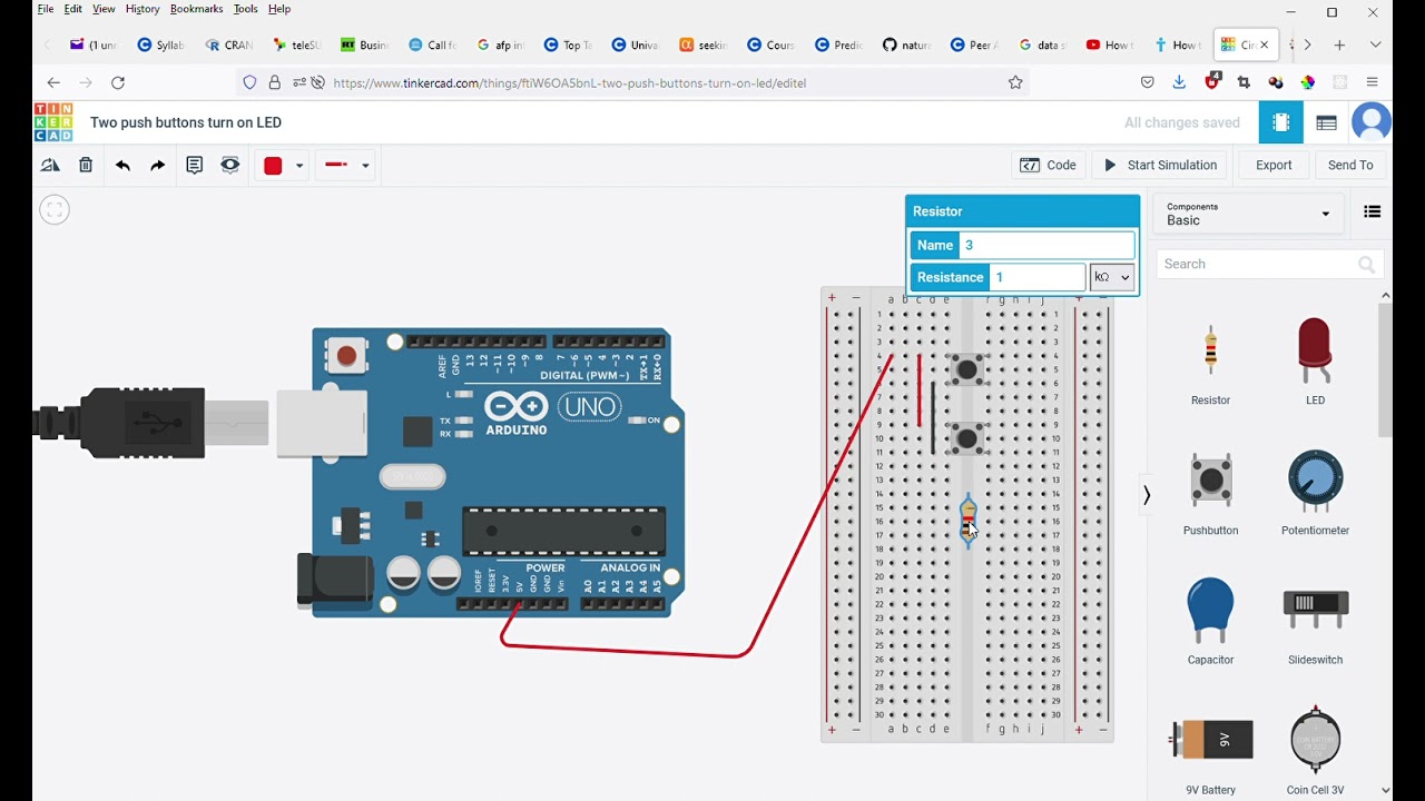 Circuit design Two push buttons turn on LED Tinkercad