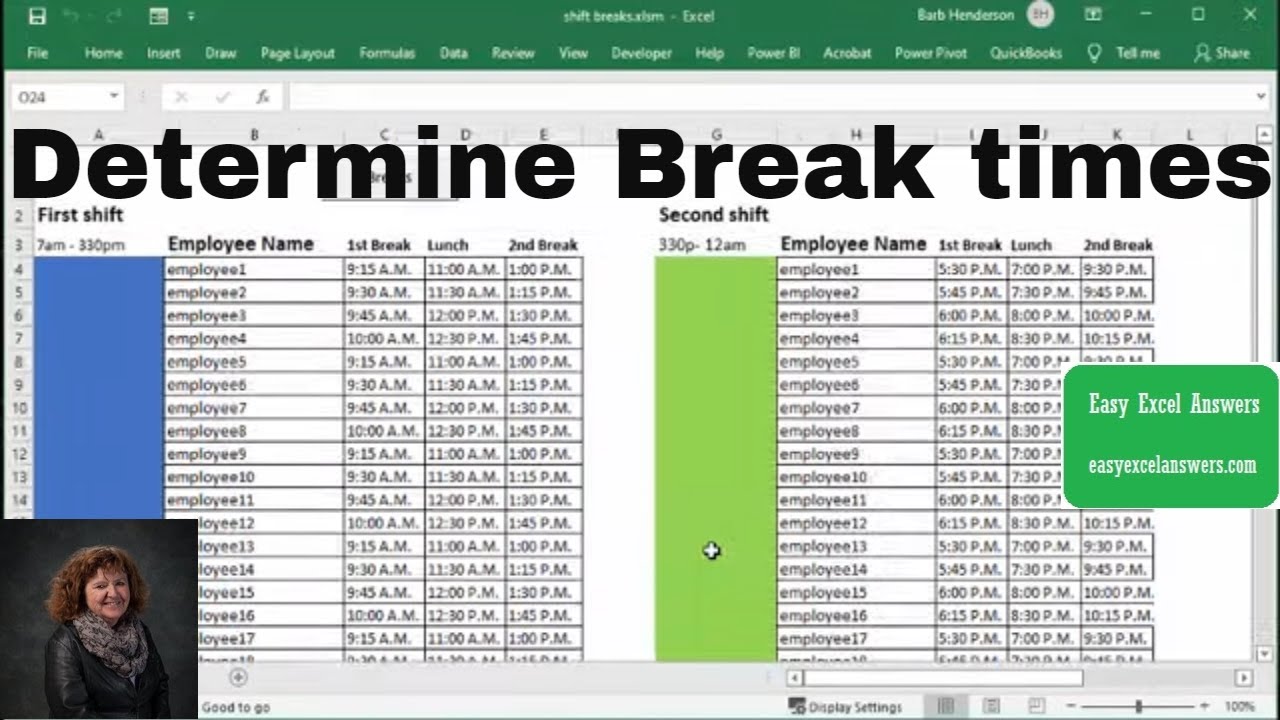 Determine break times for shift workers in Excel