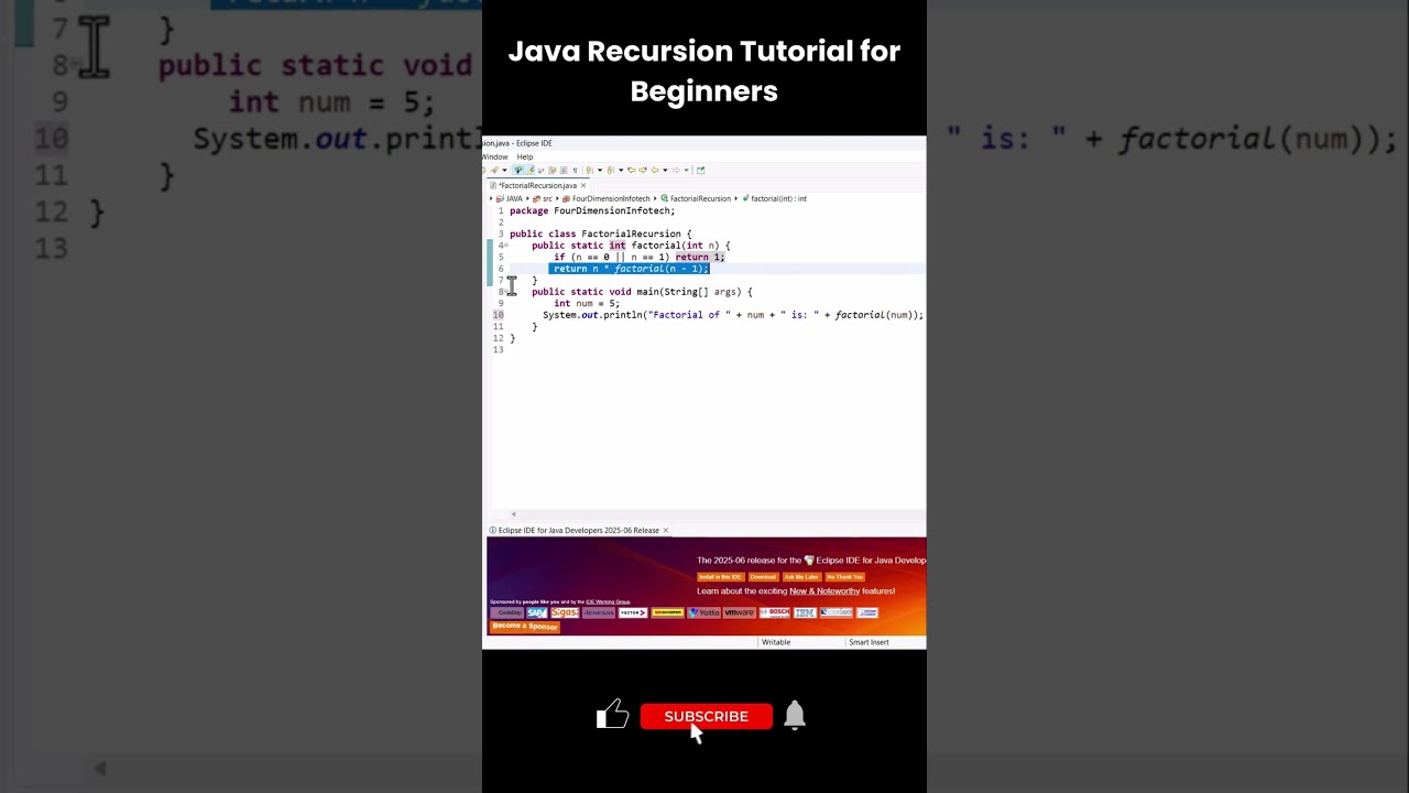 Factorial Using Recursion in Eclipse | Java Recursion Tutorial for Beginners