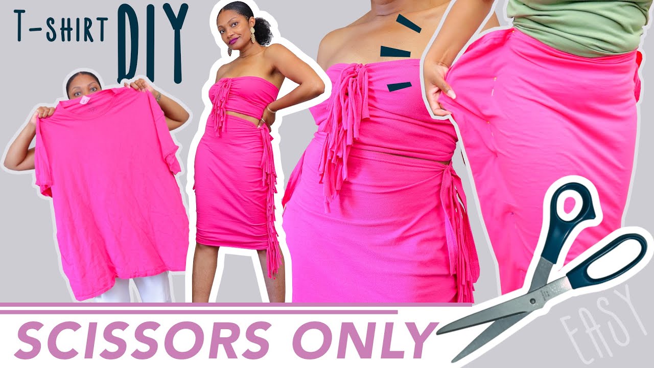 DIY Scissors Only T-shirt Transformation! | Fringe Skirt & Tube Top Set