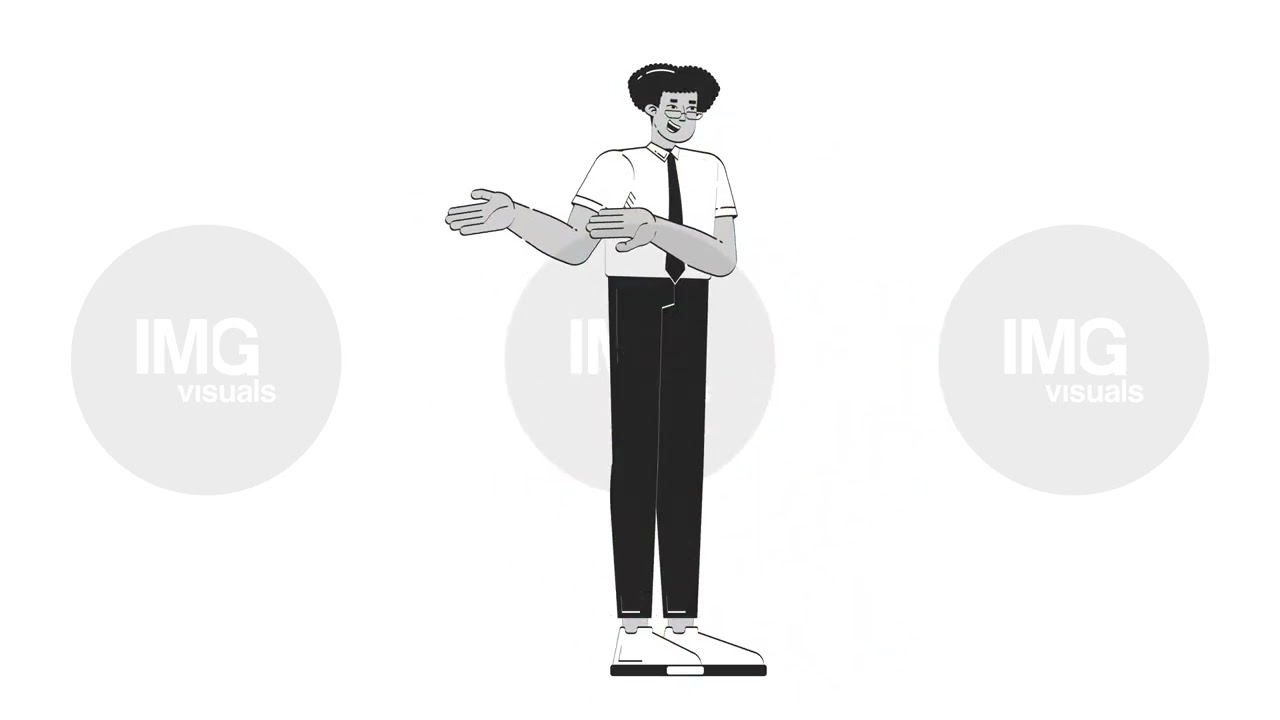 Friendly latino male office worker explaining with gesture outline hand drawn 2D character animation