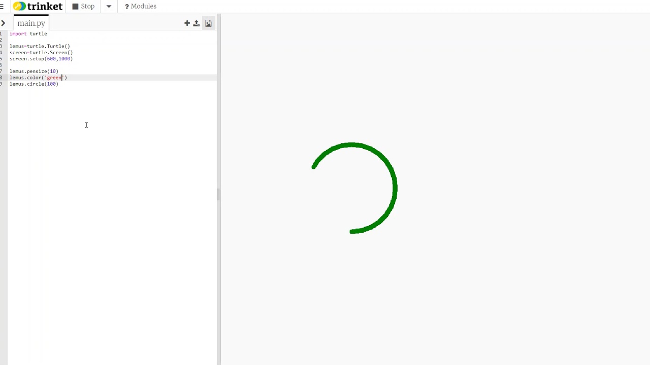 Trinket Python Turtle Lesson: Draw a Partial Circle