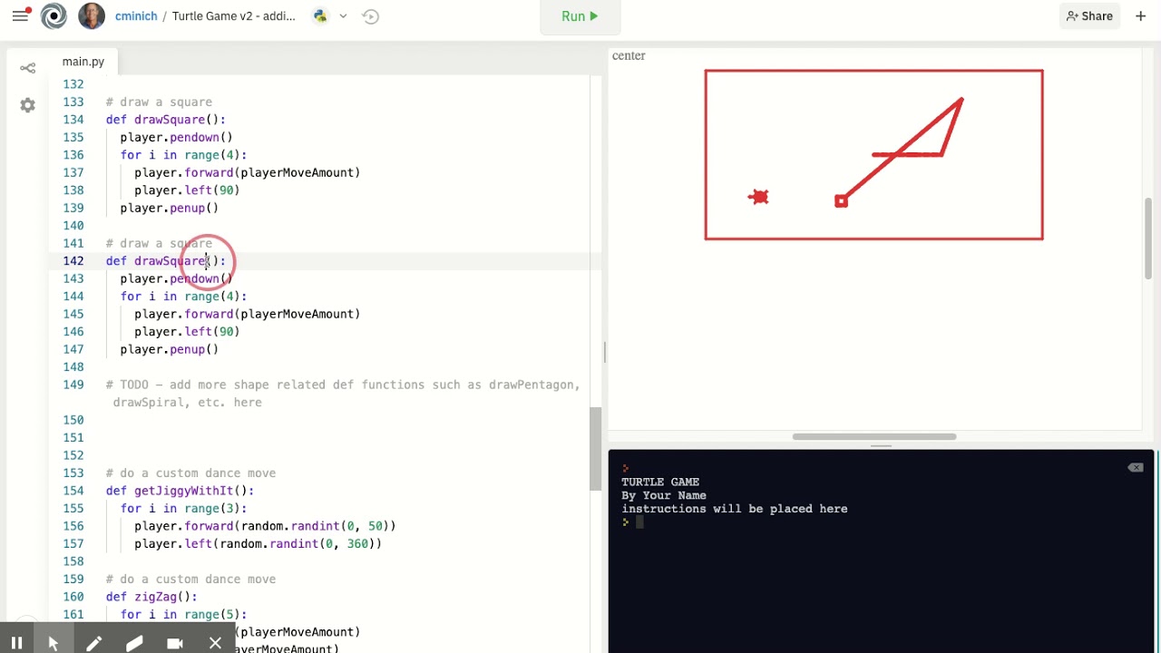 Turtle Game - adding a shape function with a for loop