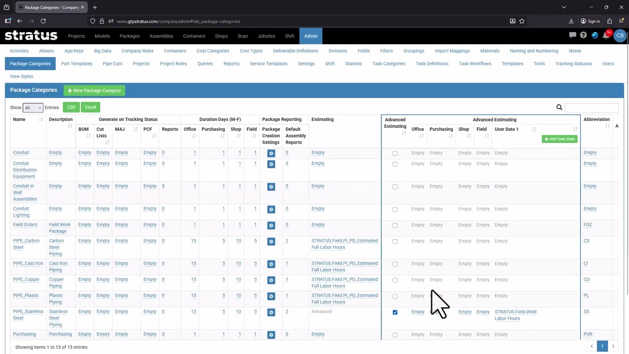 Package Creation Settings - Stratus