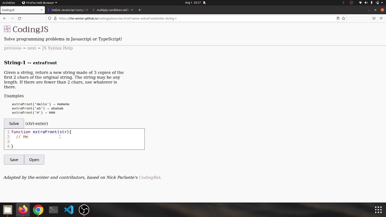 String 1 extraFront Javascript solution