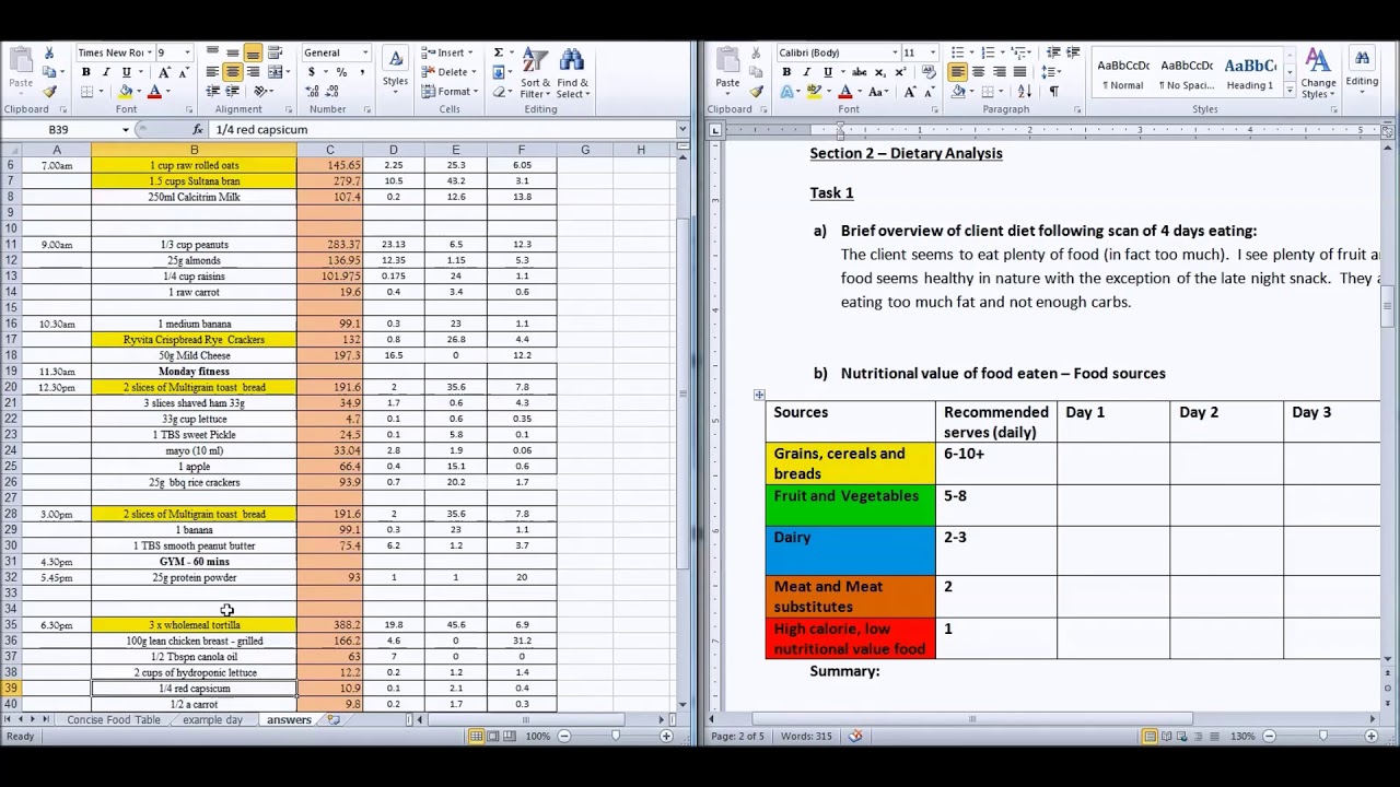 Dietary Analysis Assignment  Video guide 1