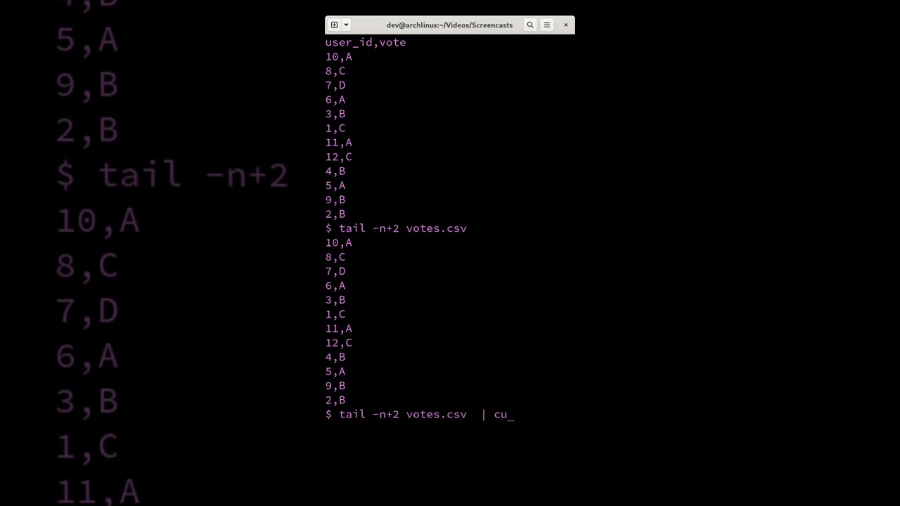 Using the Linux tail, cut, sort and uniq commands