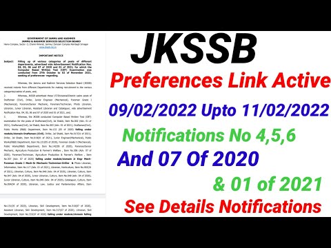 JKSSB PREFERENCES Link Active Notifications No 4,5,6,And 7 Of 2020 & 01 of 2021 See details
