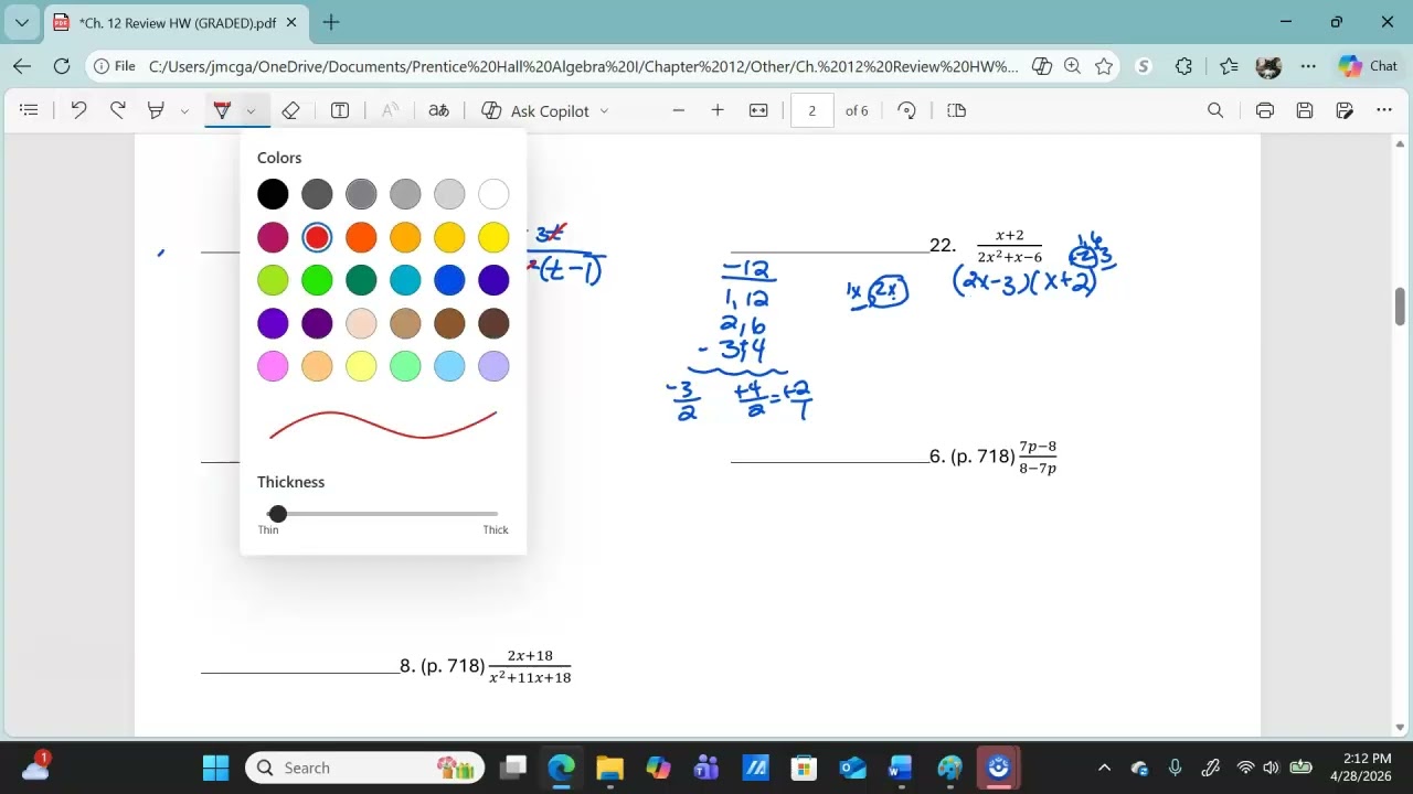 Algebra I - Ch. 12 Review (Class & Homework)