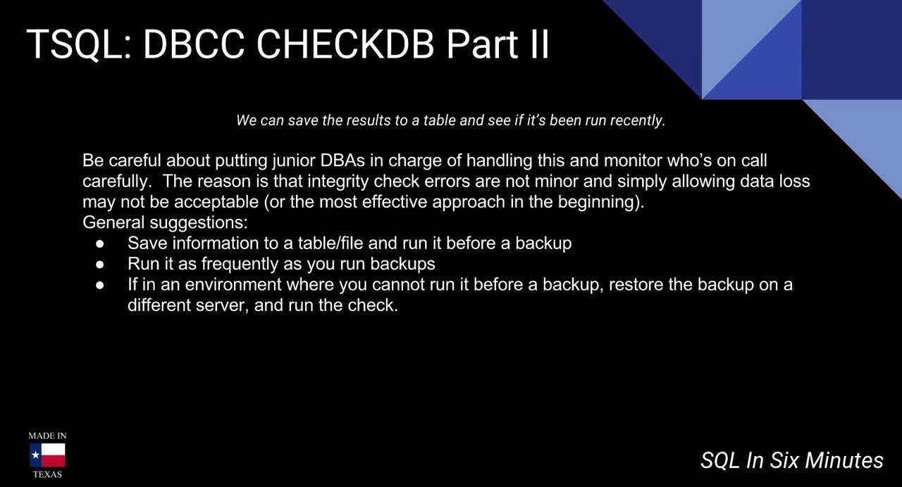 TSQL: DBCC CHECKDB Part II