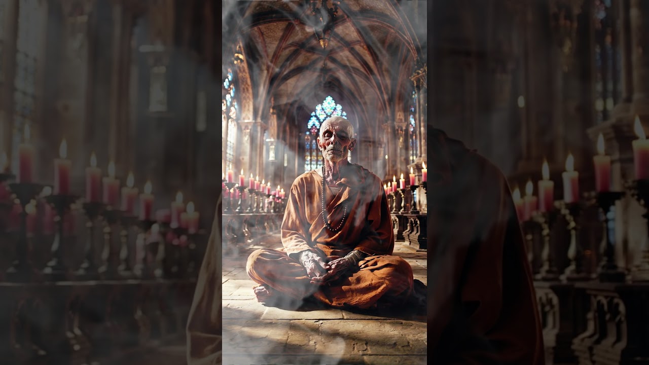 Monk Meditating in a Candlelit Gothic Sanctuary