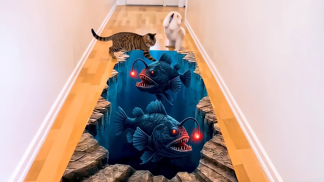 3D Optical Illusion Rug Confuses Dog but Not the Cat! 😂 🤣