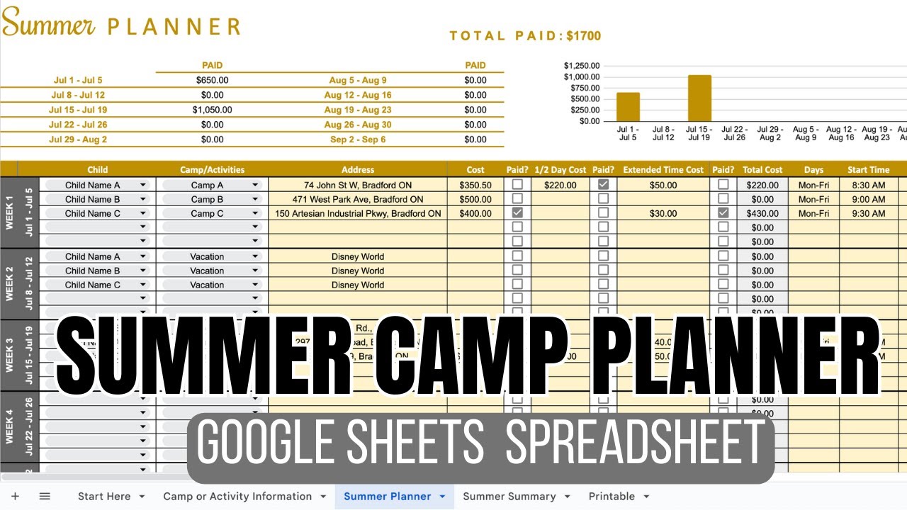 Summer Camp Tracker Spreadsheet (Google Sheets)