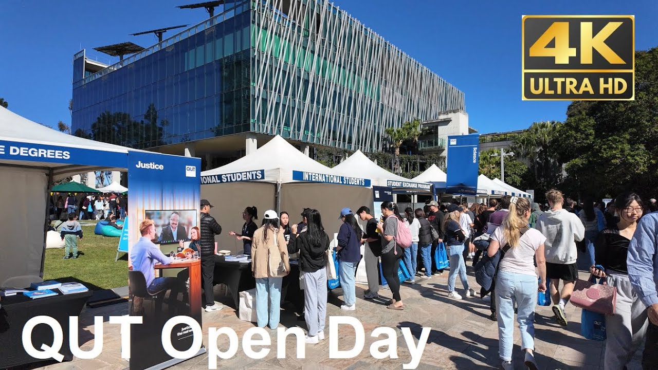 Walk through QUT on Open Day. Botanical Gardens & Brisbane CBD up to Roma Street Parklands - 4K