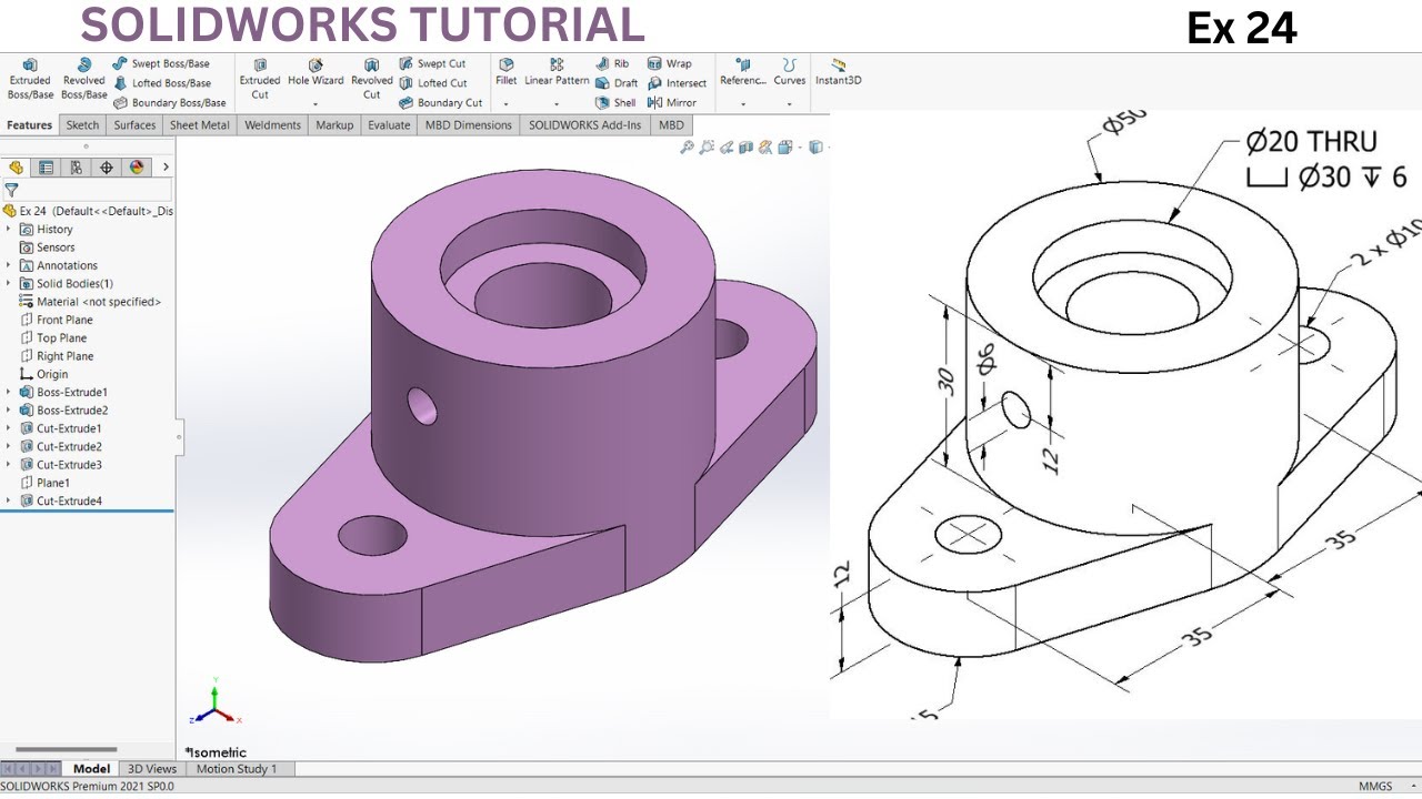 SolidWorks 3D Modeling Tutorial: Ex 24 | Step-by-Step Tutorial