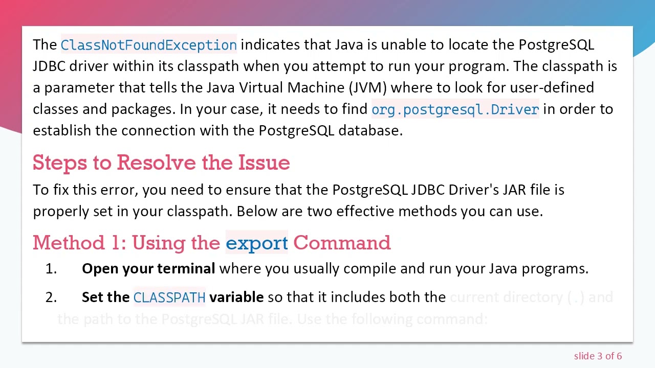 Resolving the java.lang.ClassNotFoundException: org.postgresql.Driver Error in Java
